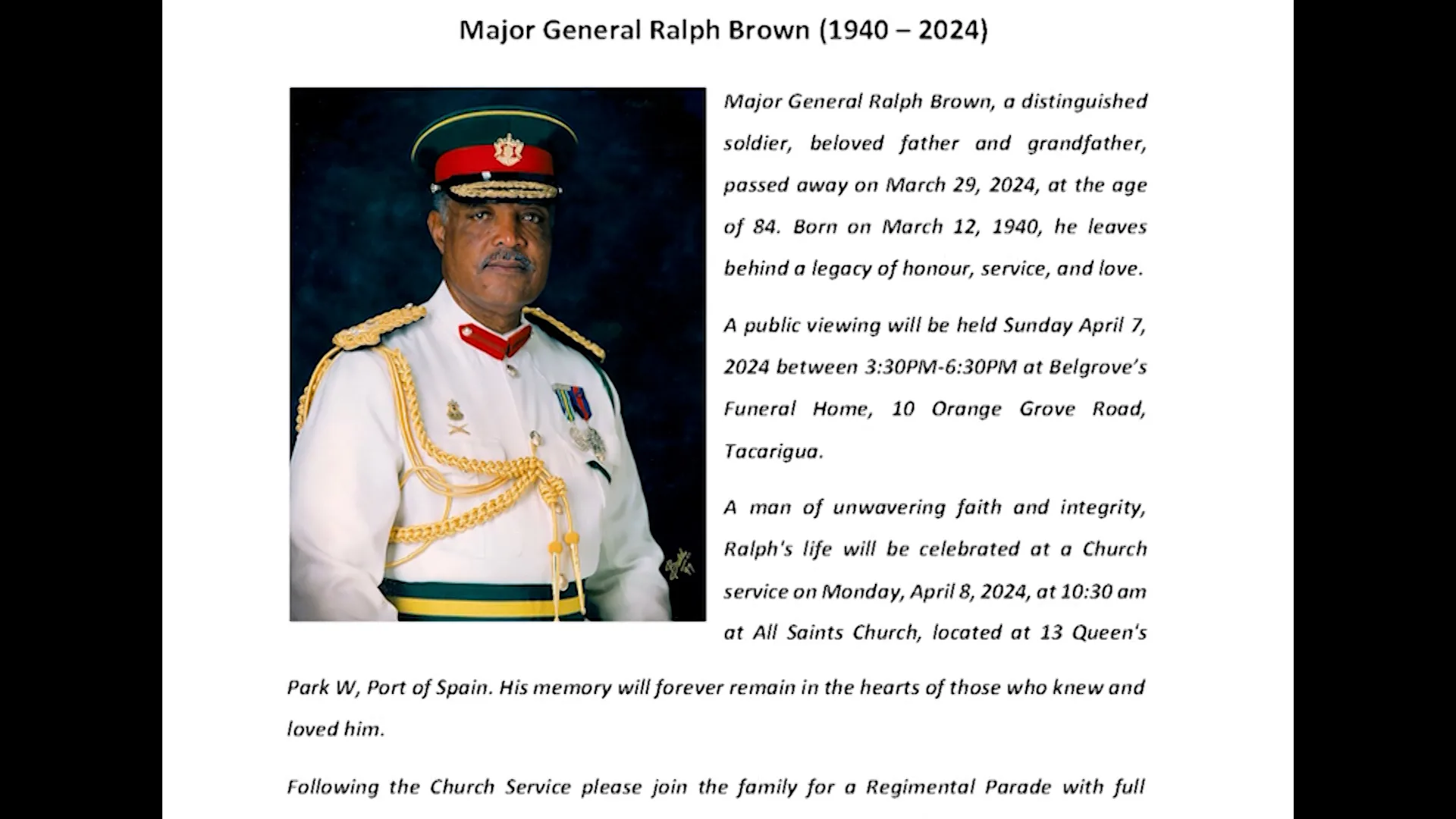 Funeral For Retired Major General Ralph Brown On Monday - TTT News