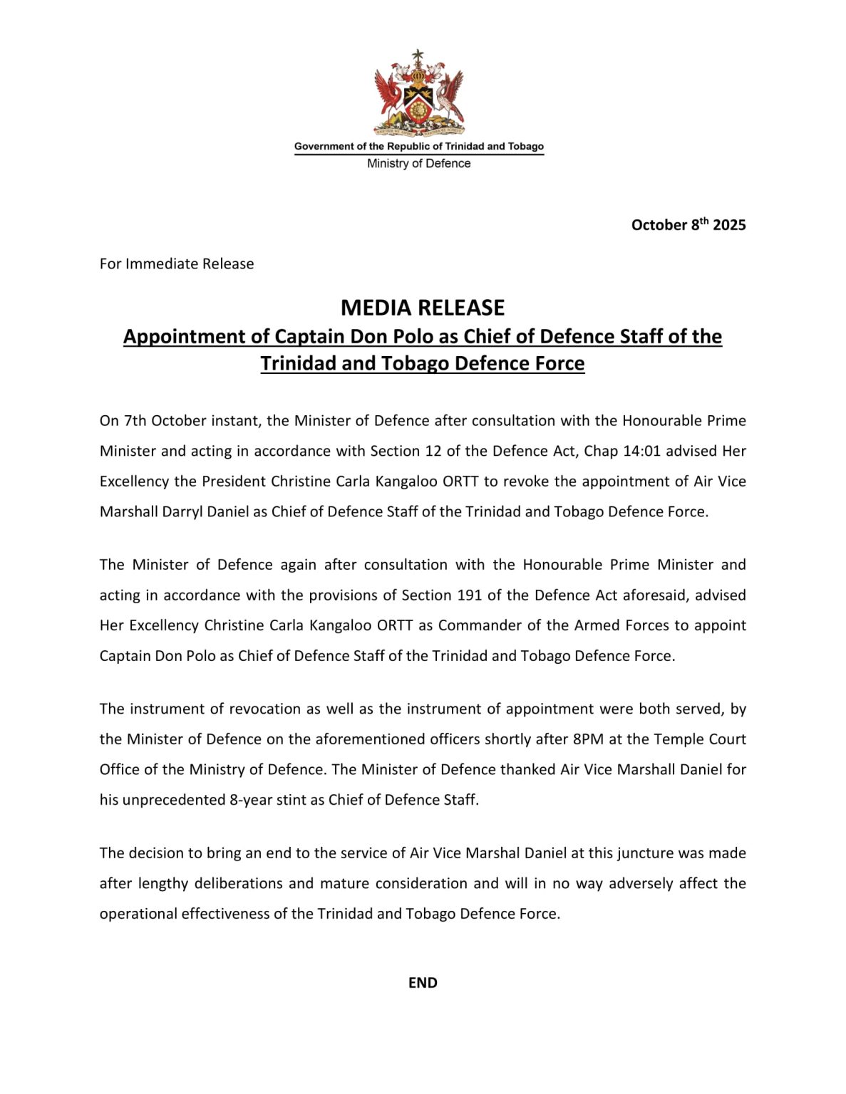 Captain Don Polo Appointed Chief Of Defence Staff - TTT News